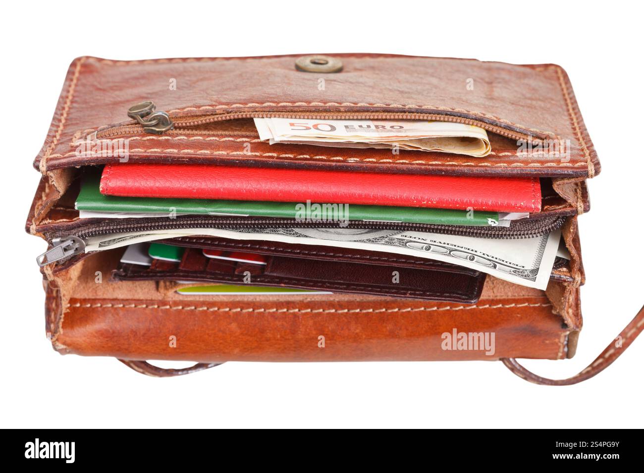 cash, credit cards, documents in small open female handbag isolated on ...