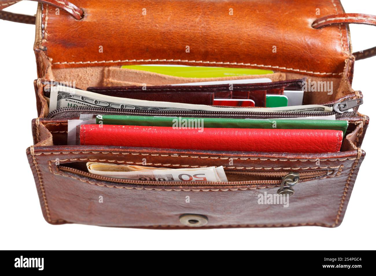 cash, credit cards, documents in small open purse isolated on white background Stock Photo - Alamy