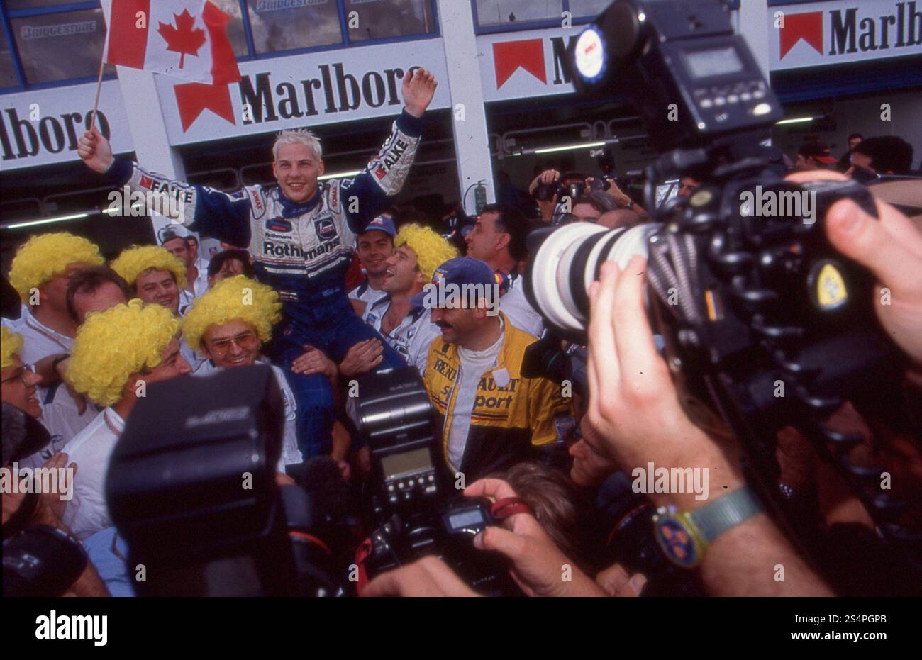 Canadian motorsports racing driver Jacques Villeneuve wins the Formula ...
