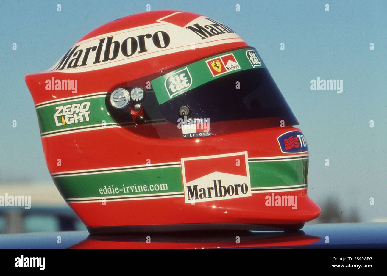 British motorsports F1 racing driver Eddie Irvine's helmet on Ferrari ...