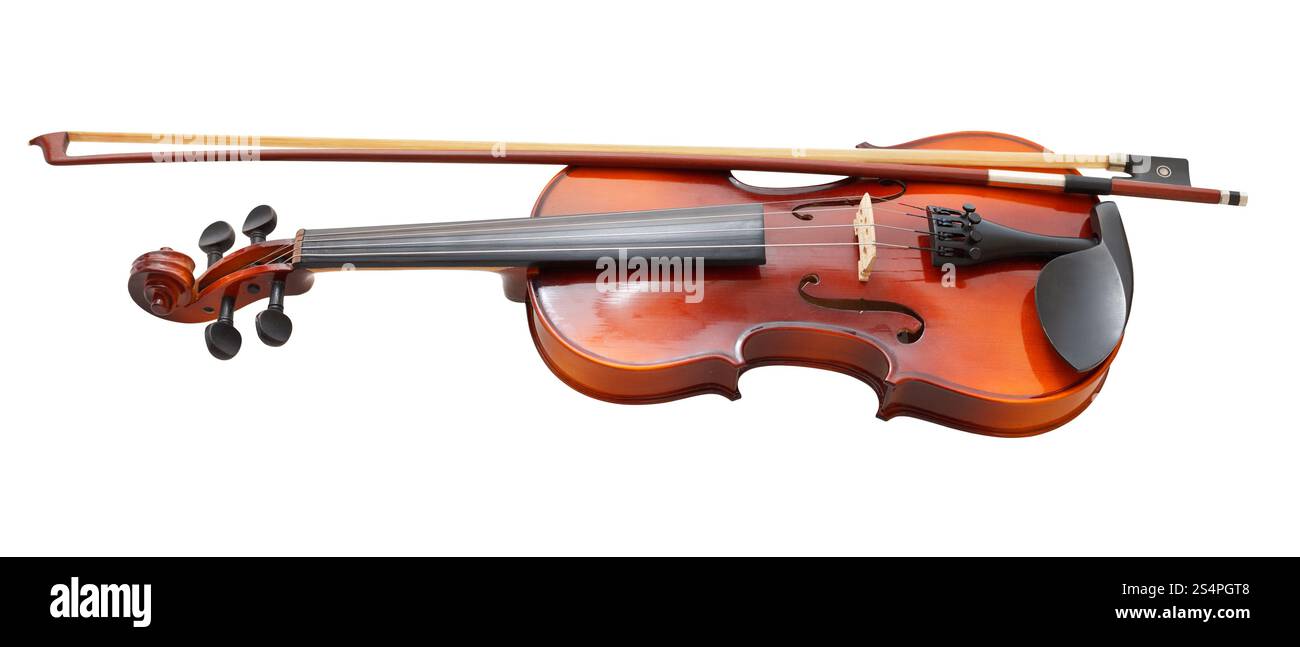 traditional wooden fiddle with french bow isolated on white background ...