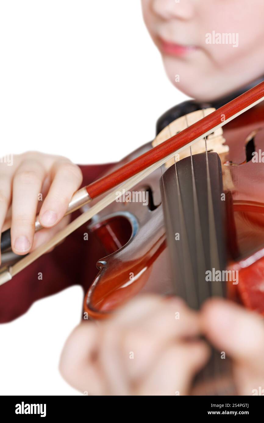 girl playing fiddle by bow close up isolated on white background Stock ...