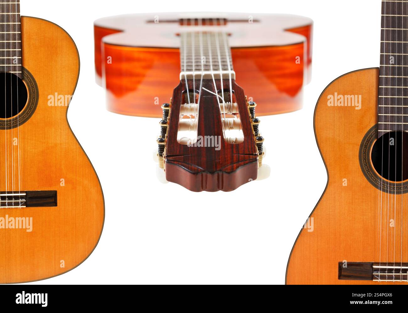 set of spanish acoustic guitars close up isolated on white background ...