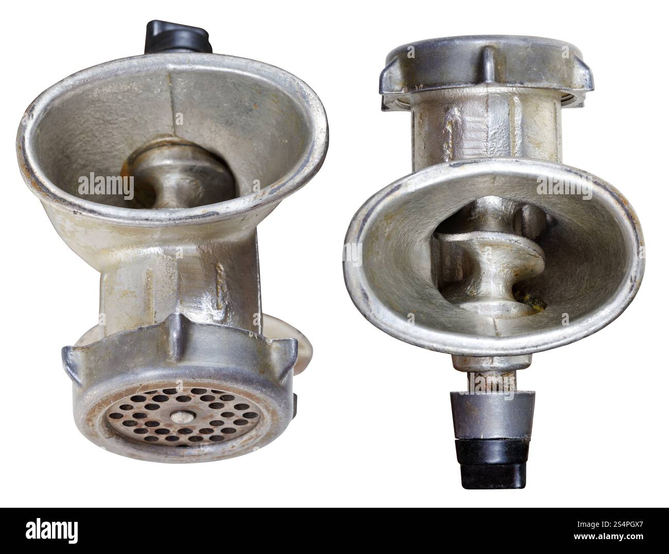 set of top views of old iron meat mincer isolated on white background ...