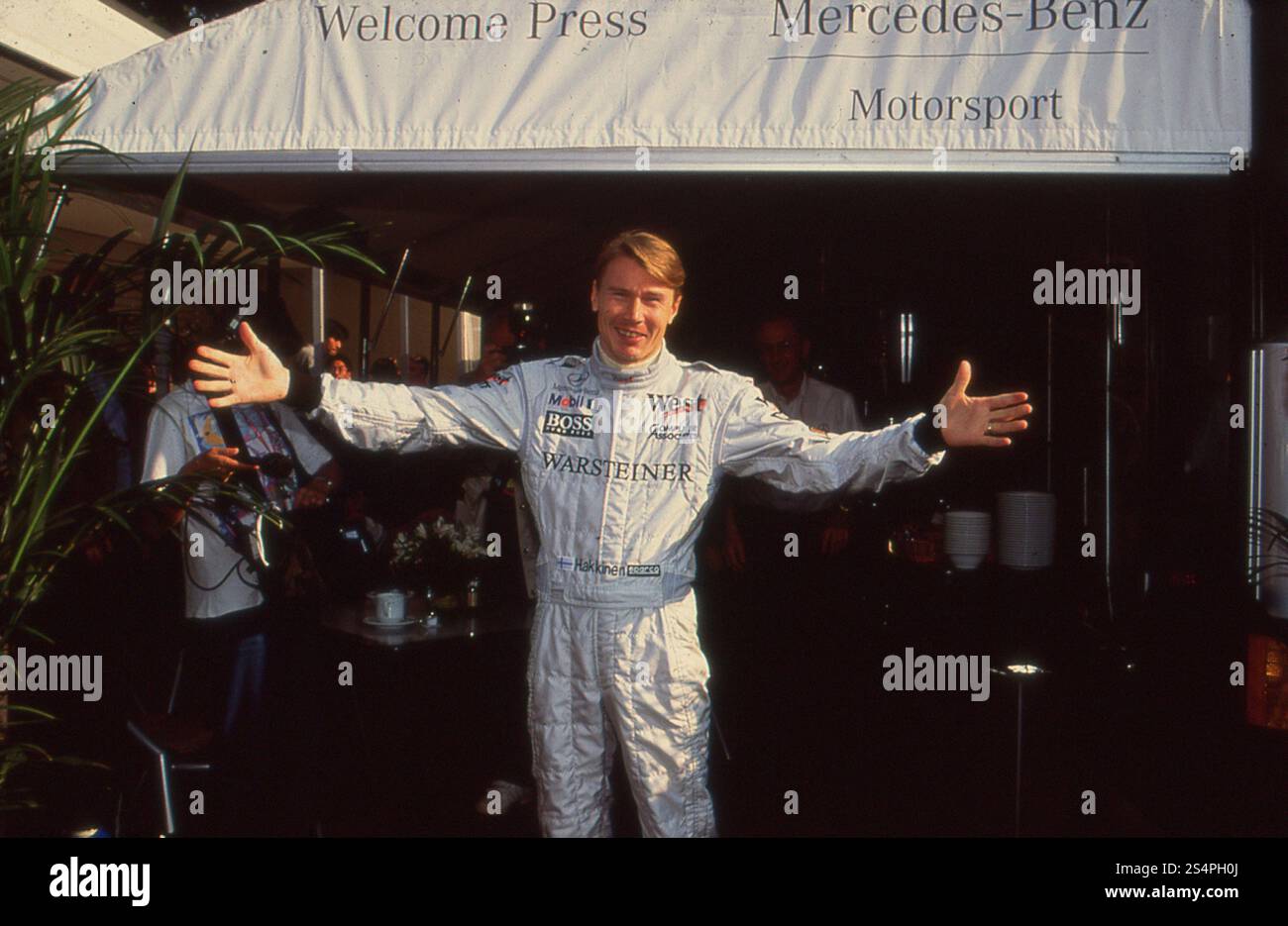 Finnish F1 racing driver Mika Hakkinen on McLaren Mercedes celebrating ...