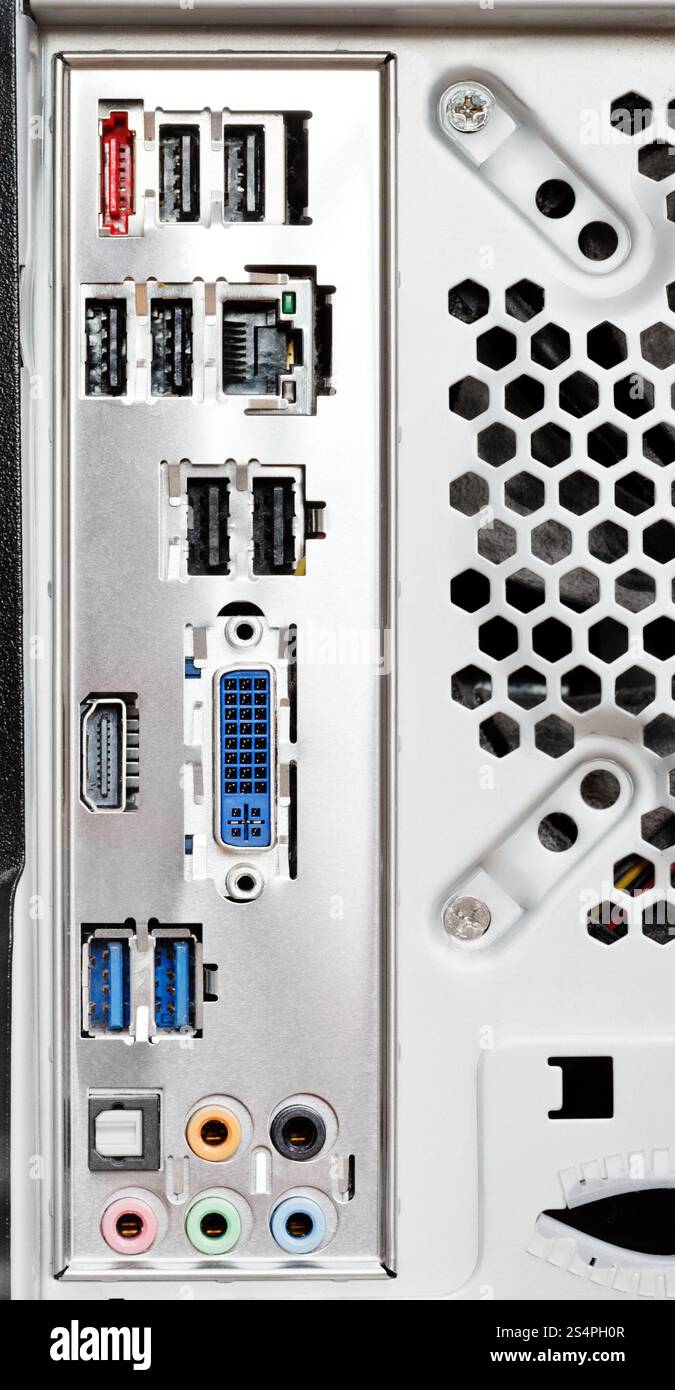 motherboard connectors on the back of the computer close up Stock Photo ...