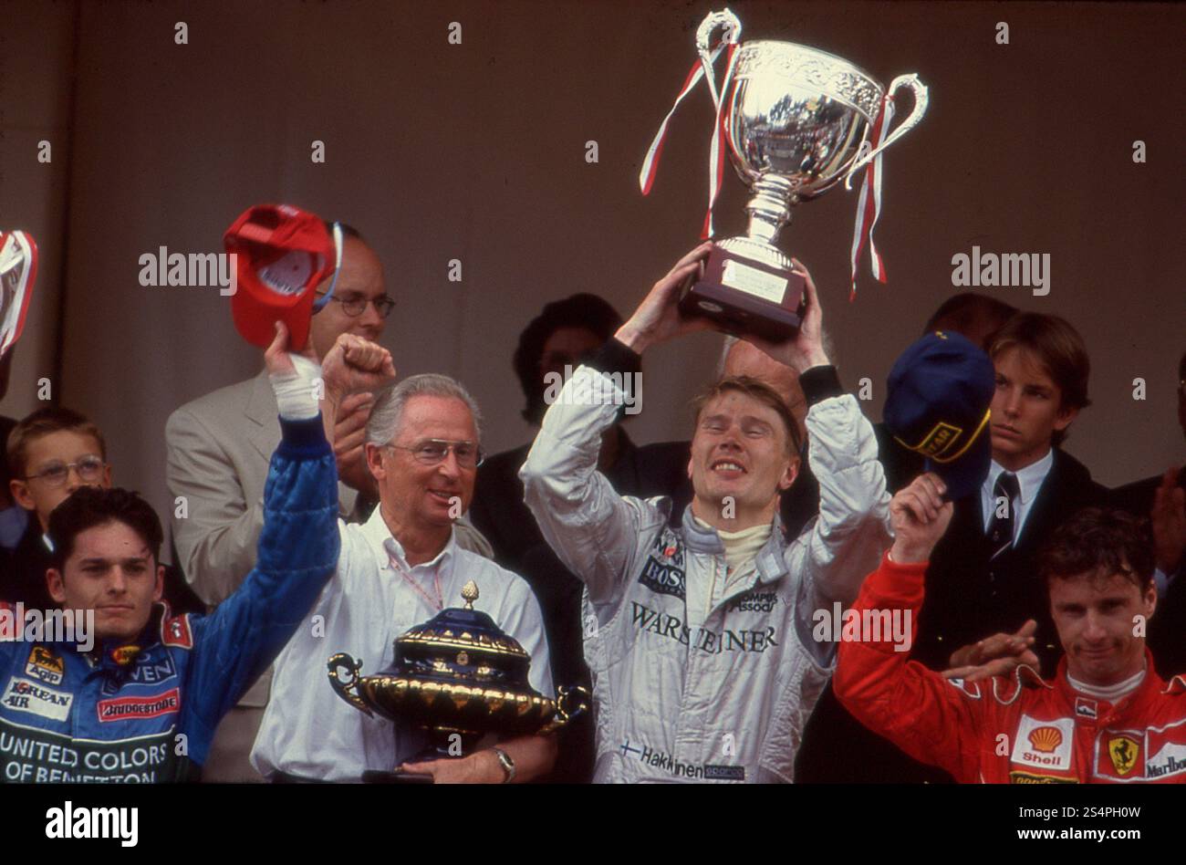 Finnish F1 racing driver Mika Hakkinen on McLaren Mercedes celebrating ...