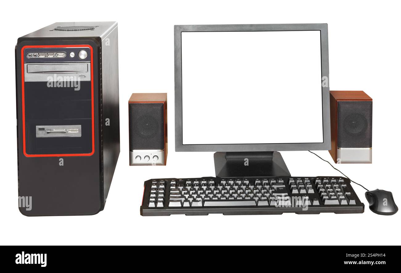 black desktop computer, display with cutout screen, keyboard, mouse ...