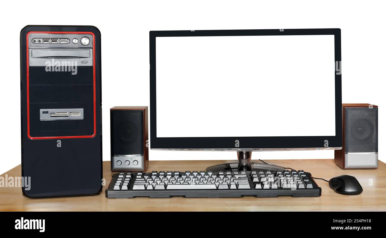 black desktop computer, widescreen display with cutout screen, keyboard ...