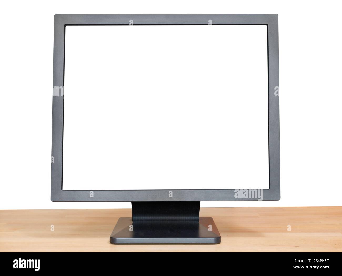 black display with cut out screen on wooden table isolated on white ...