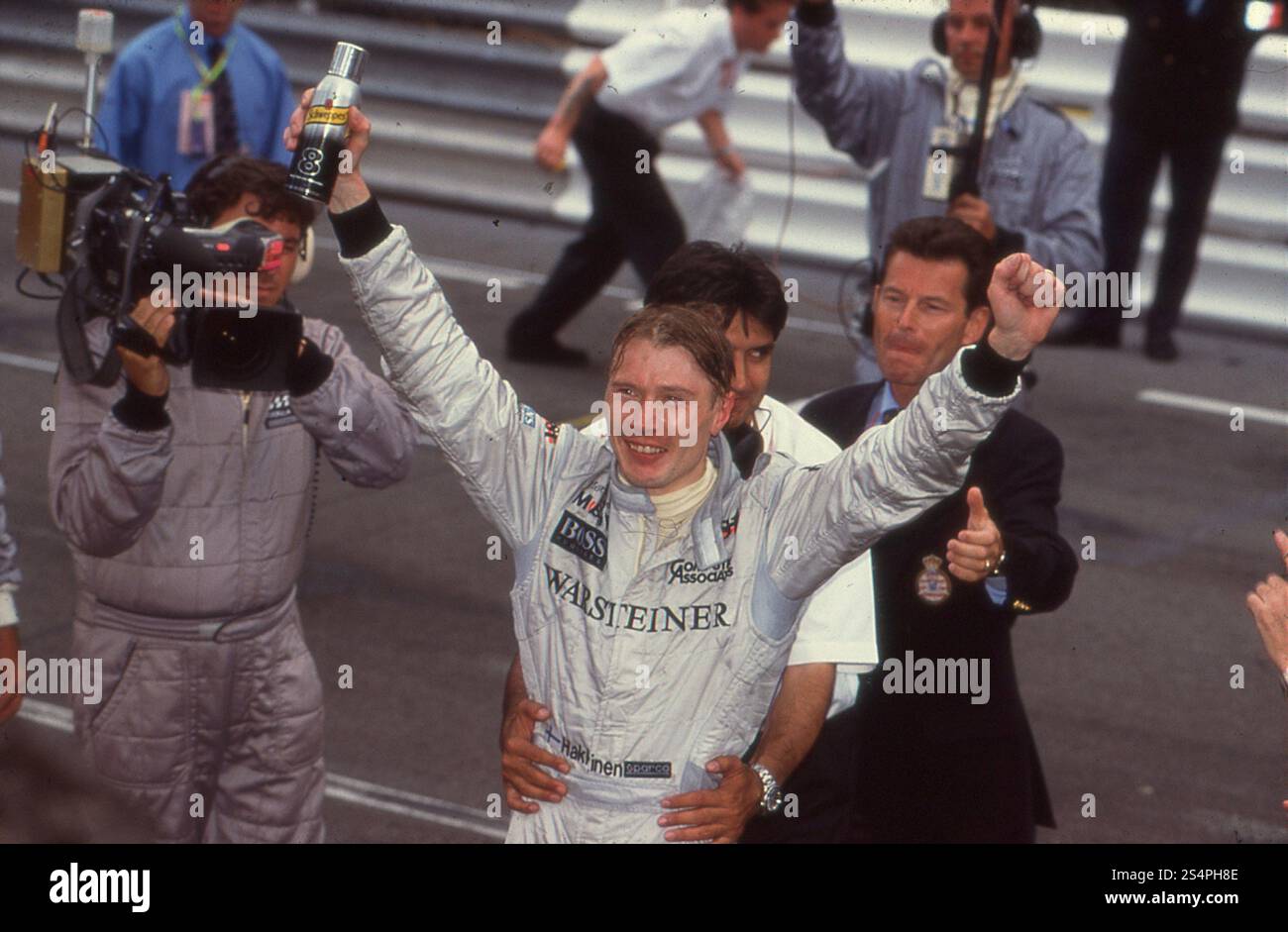 Finnish F1 racing driver Mika Hakkinen on McLaren Mercedes celebrating ...