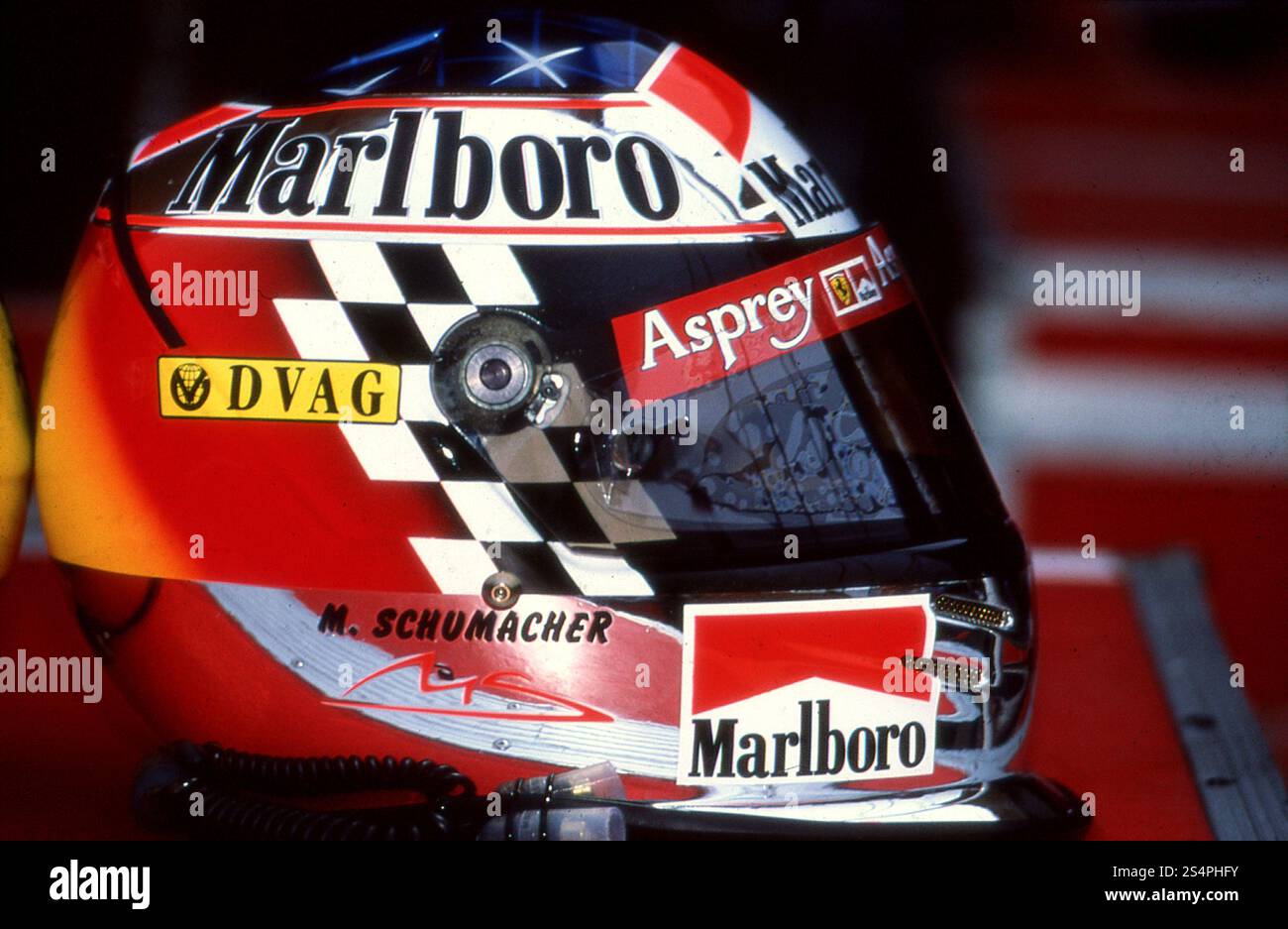 German motorsports racing driver Michael Schumacher's helmet on Ferrari ...
