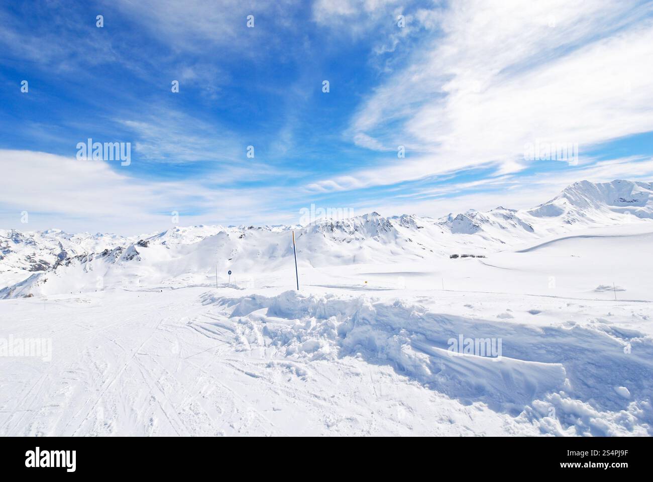 snow skiing andscape of mountains in Paradiski region, Val d'Isere ...