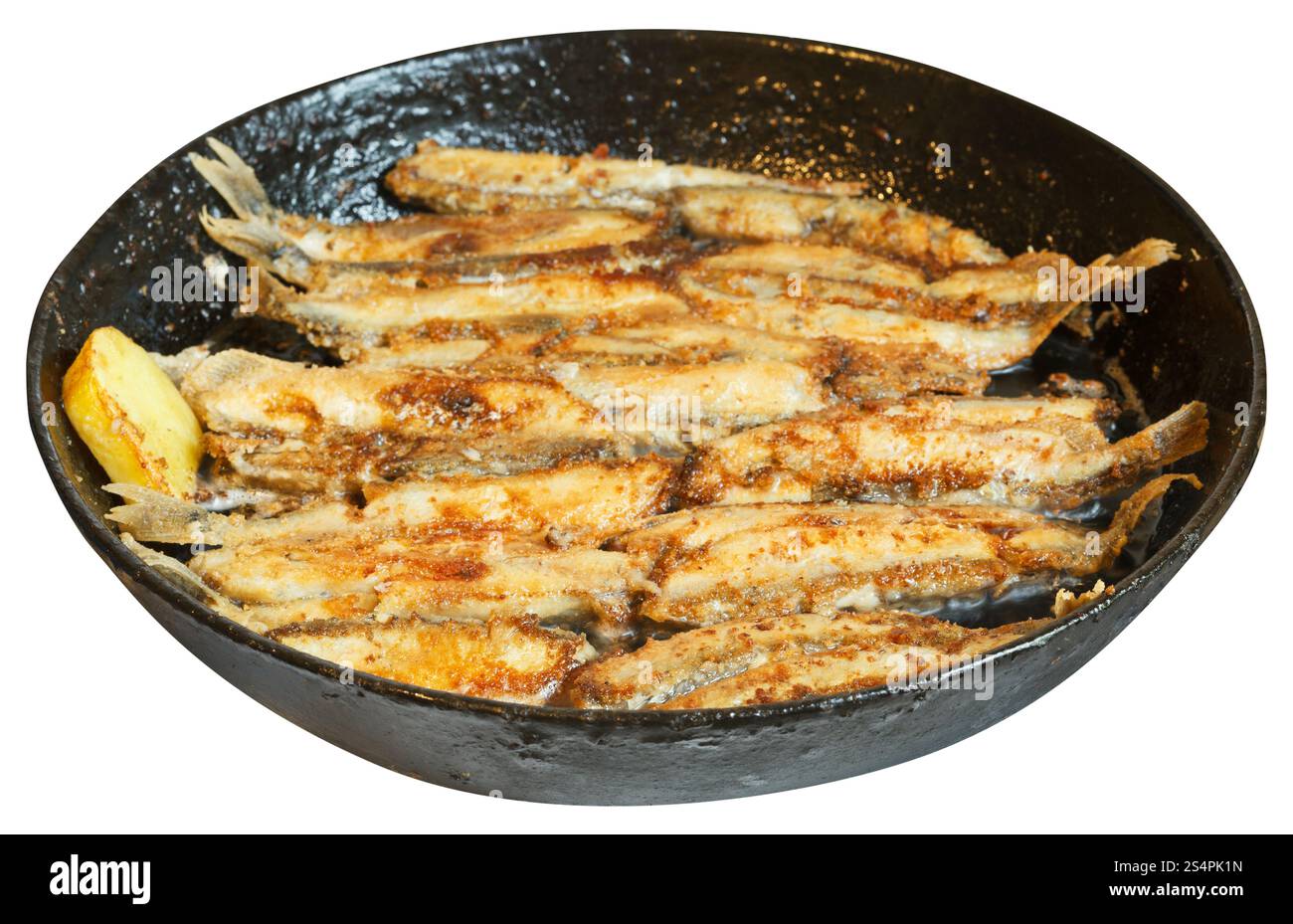 fried fish capelin on black frying pan isolated on white background ...