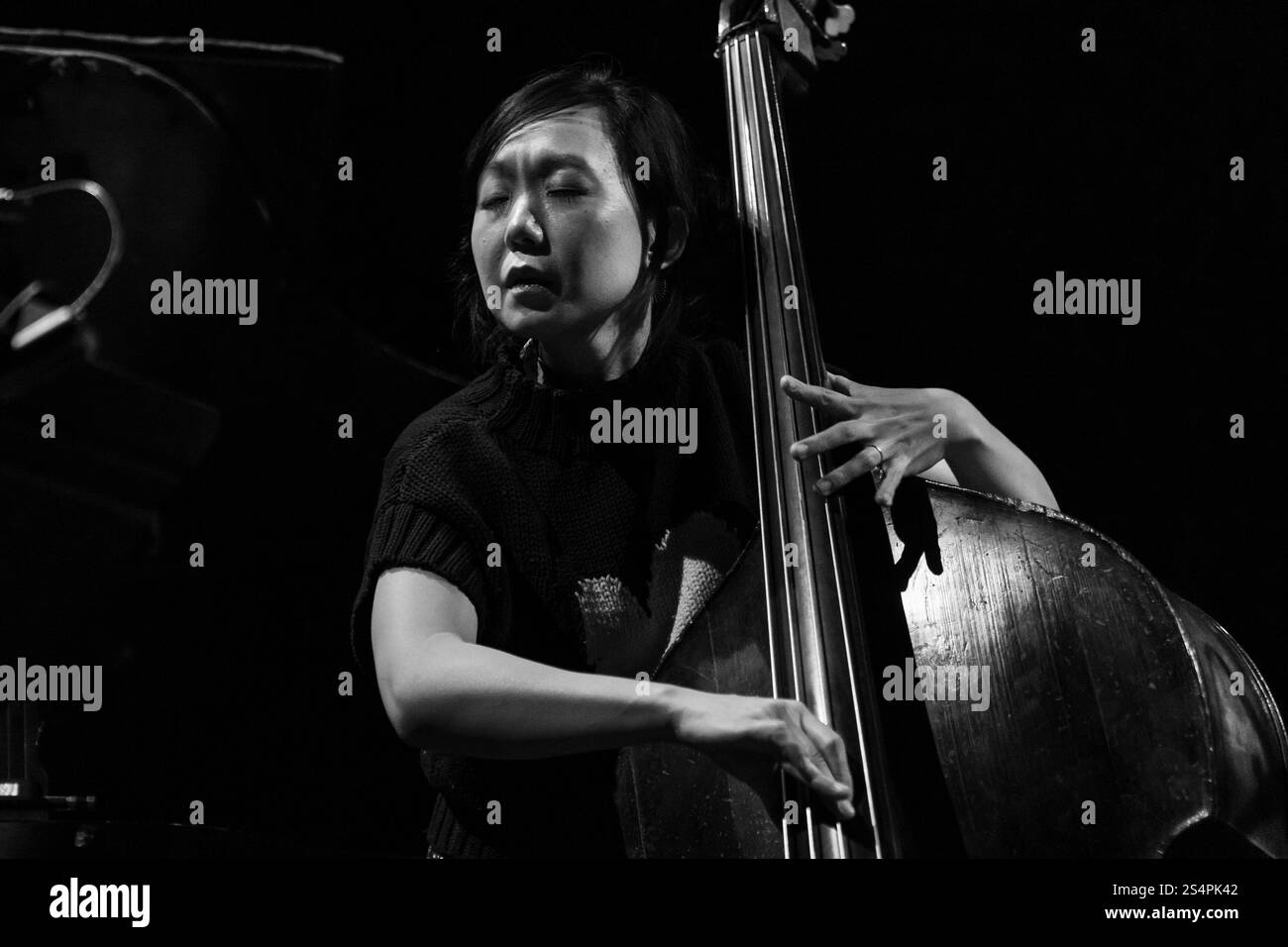 Linda May Han Oh performs with Ambrose Akinmusire on trumpet and Tyshawn Sorey on drums during ...