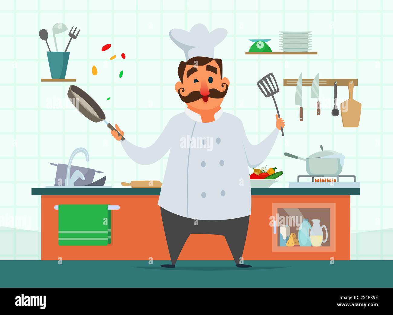 Chef cooking on the kitchen. Vector character in cartoon style ...