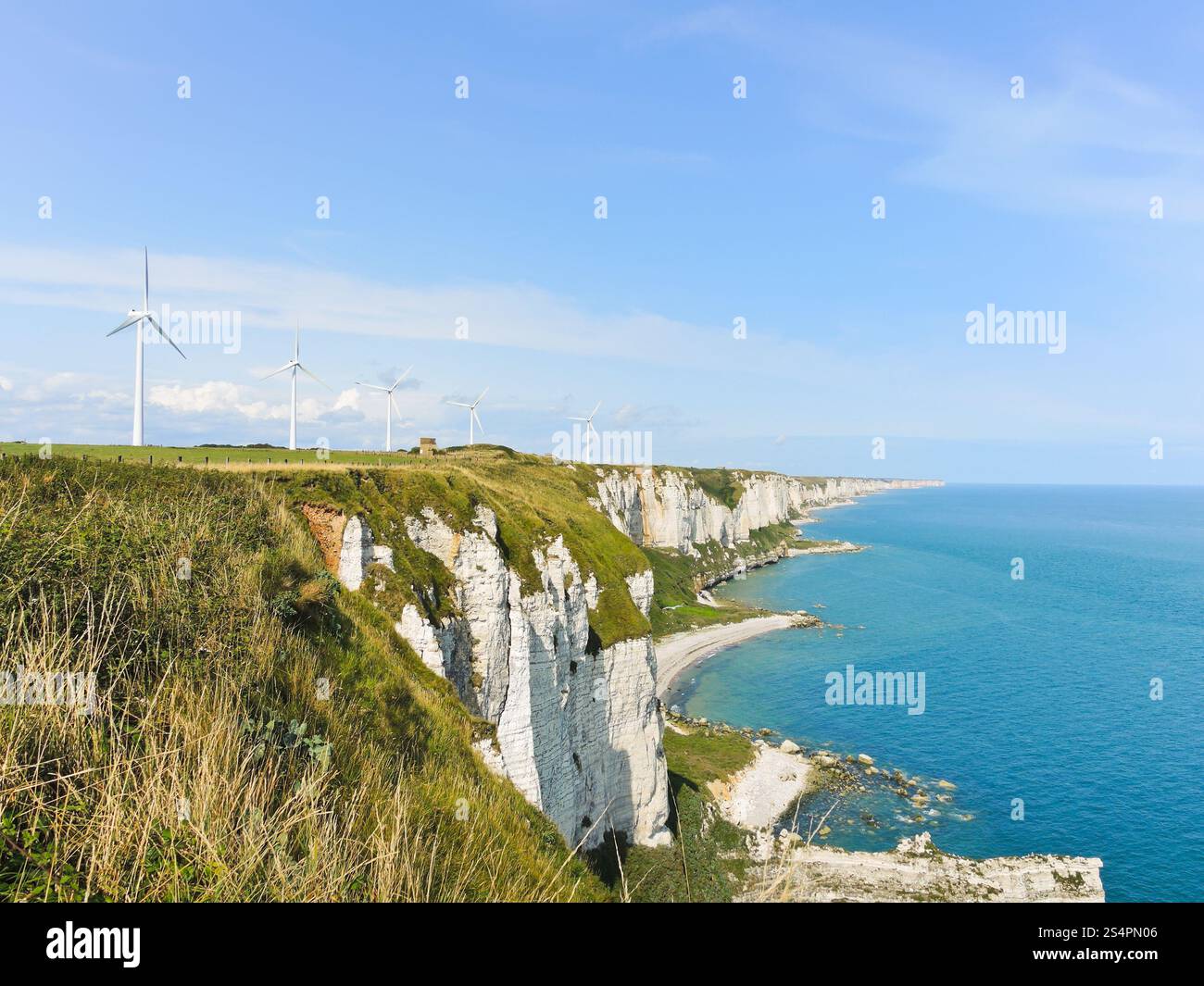 wind turbines on english channel shore in Normandy of Eretrat cote ...