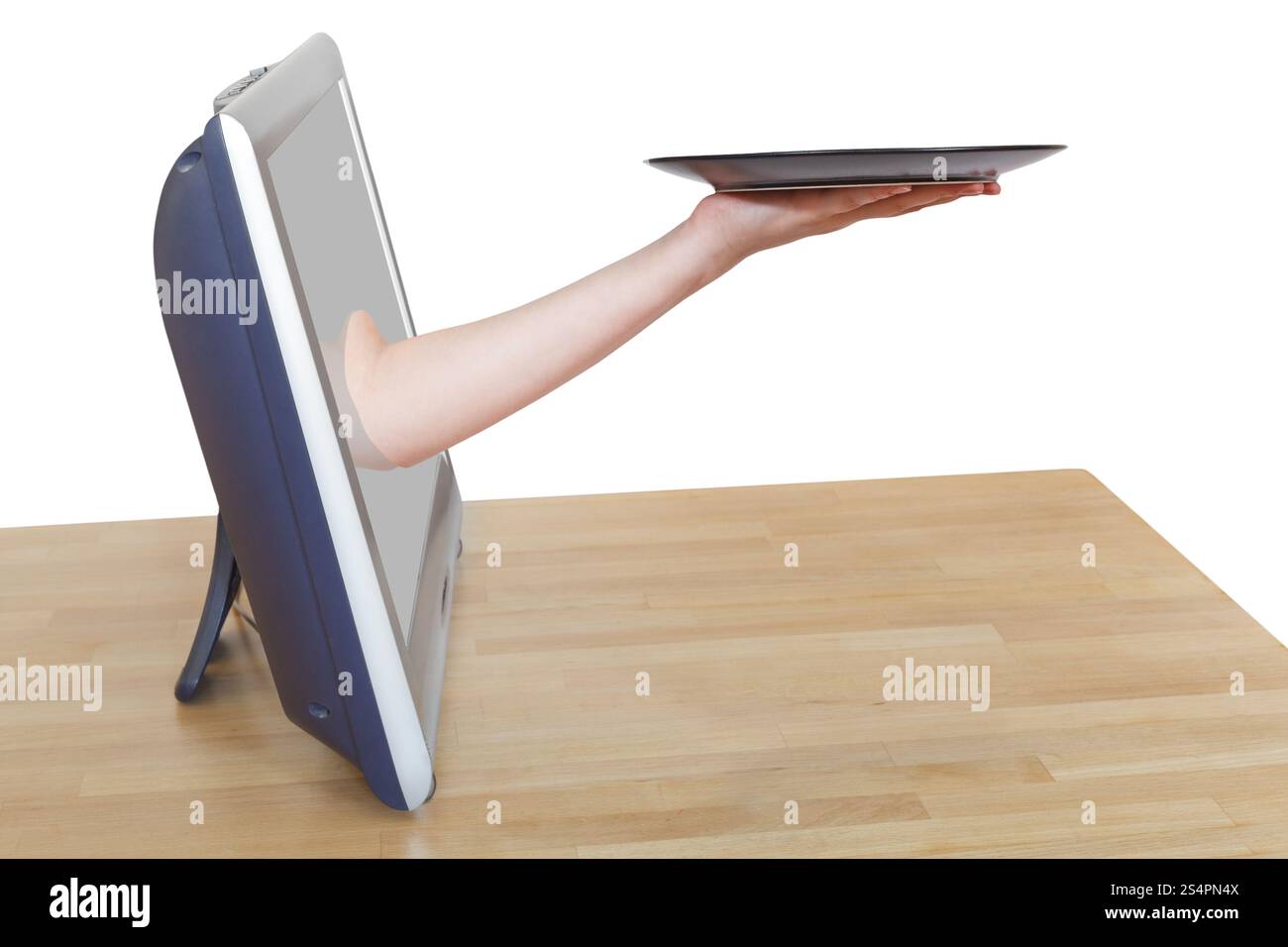 female arm with empty flat black plate leans out TV screen isolated on ...