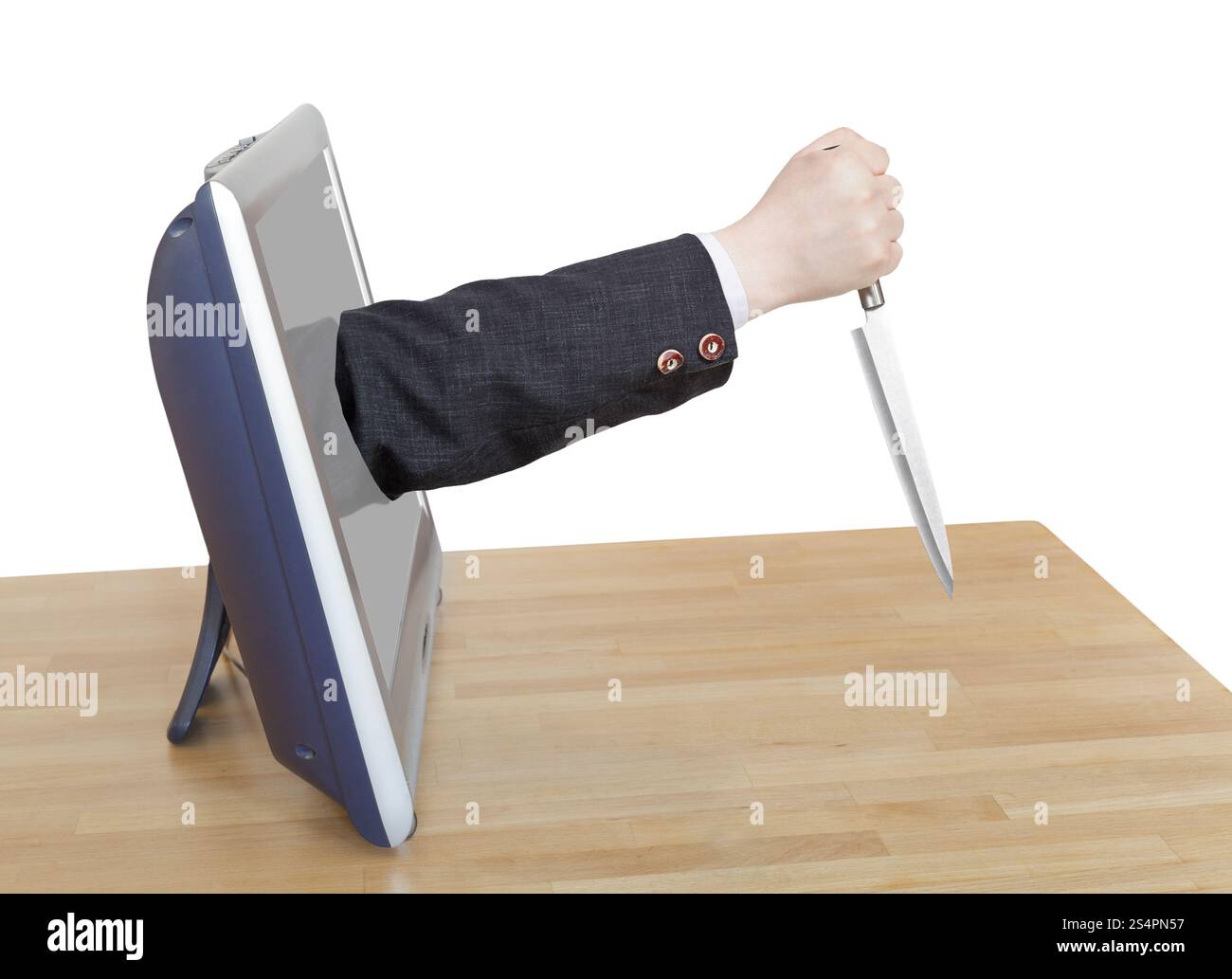 knife in businessman hand leans out TV screen isolated on white ...