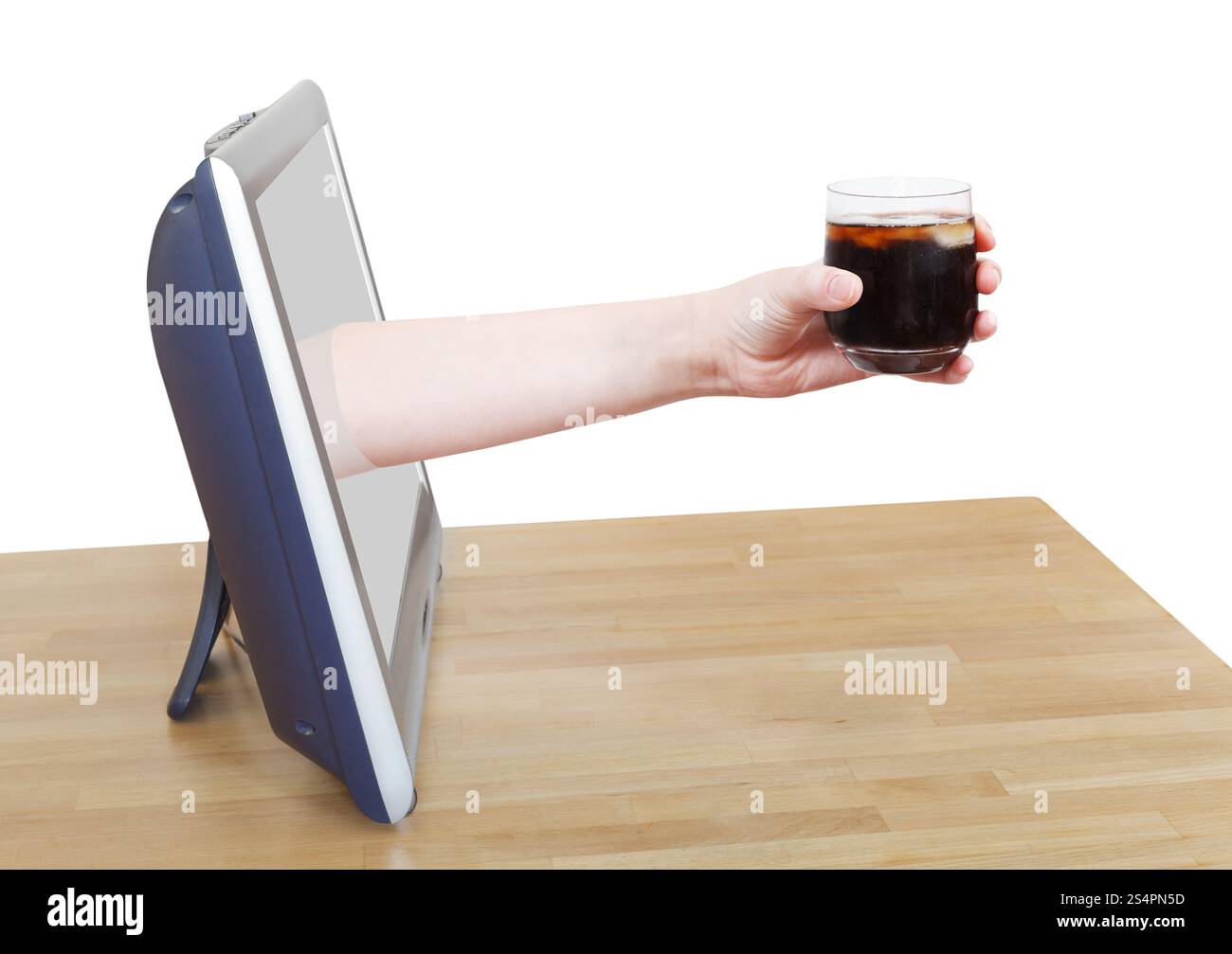 hand holding cola with ice in glass leans out TV screen isolated on ...