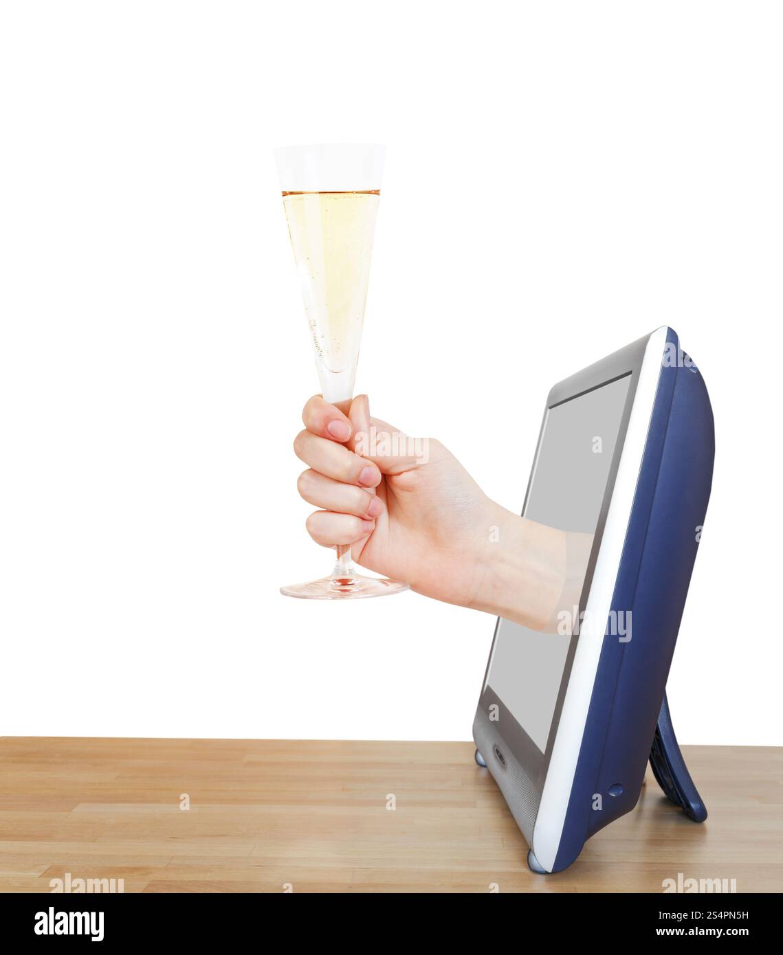 hand raising glass with champagne leans out TV screen isolated on white ...