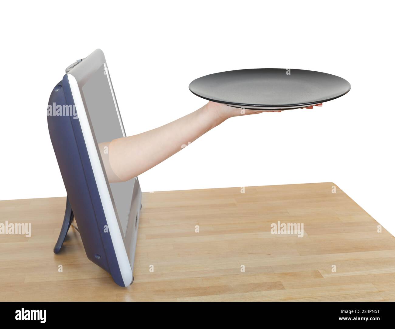 female palm with empty flat black plate leans out TV screen isolated on ...