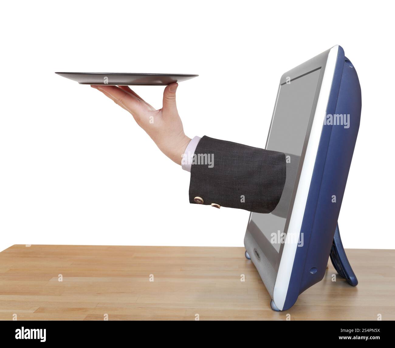 male palm with empty flat black plate leans out TV screen isolated on ...