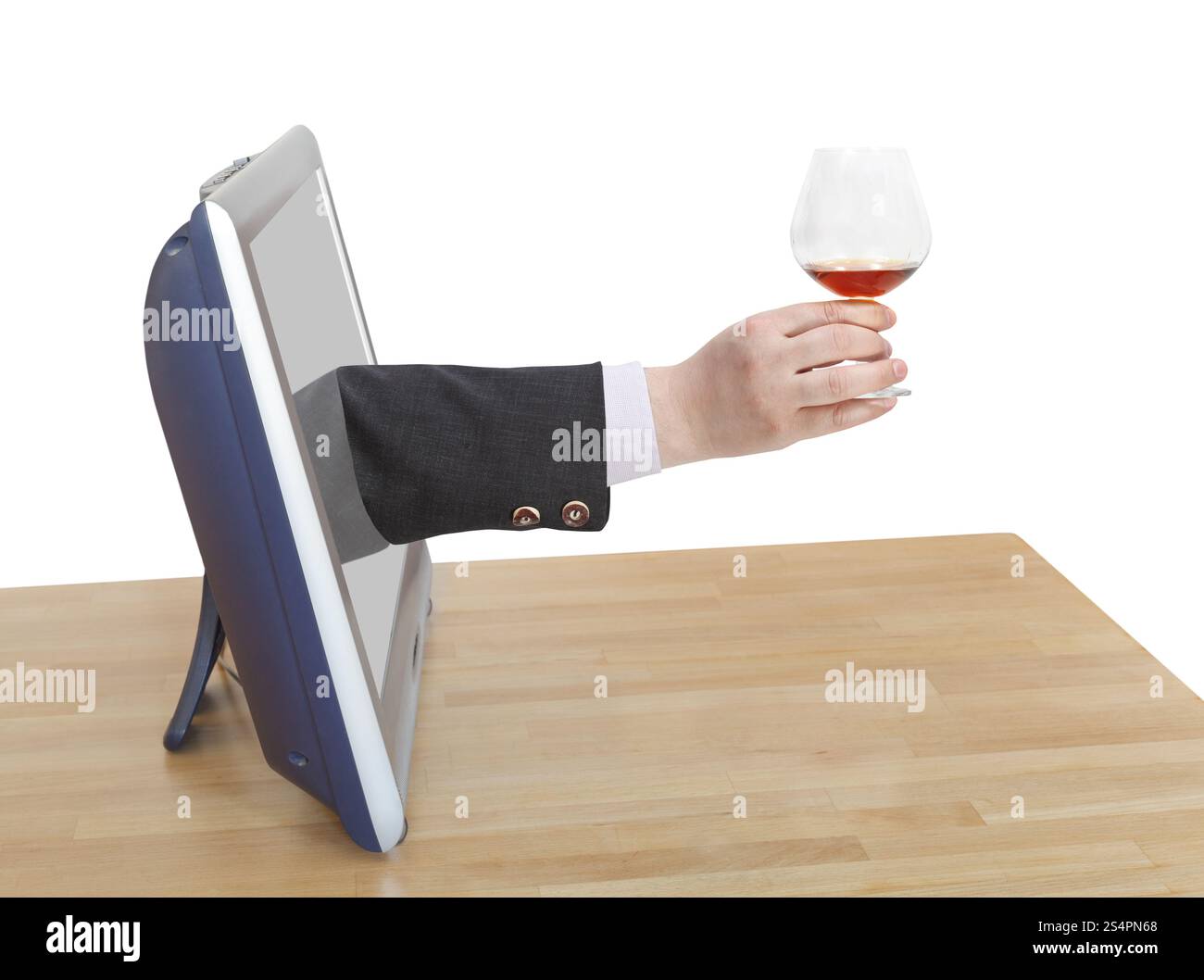 toast with brandy glass in businessman hand leans out TV screen ...