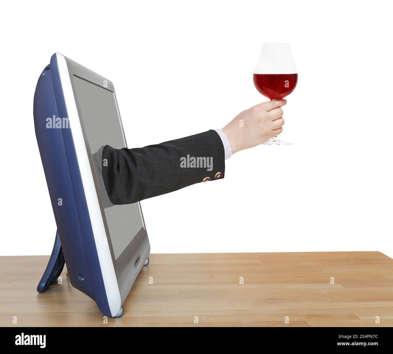 red wine glass in businessman hand leans out TV screen isolated on ...