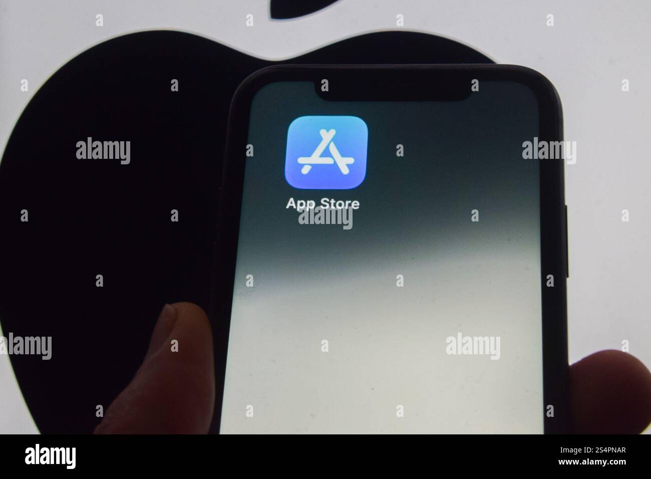 London, UK. 13th January 2025. The App Store logo on an iPhone as Apple ...