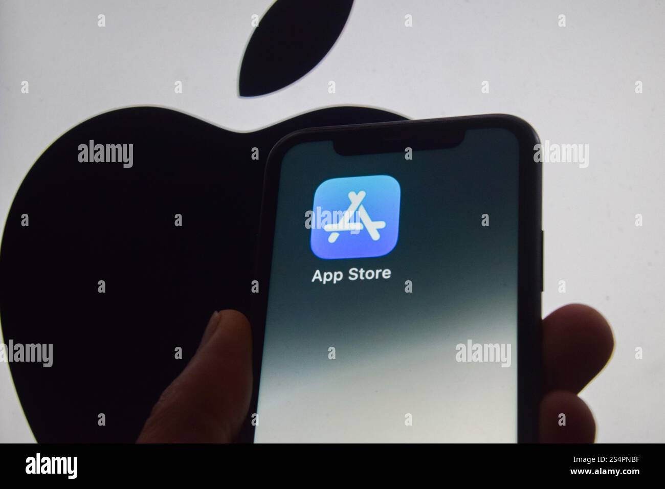 London, UK. 13th January 2025. The App Store logo on an iPhone as Apple ...