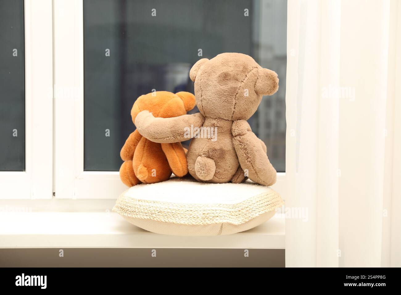 Teddy bears on window sill at home, back view Stock Photo - Alamy