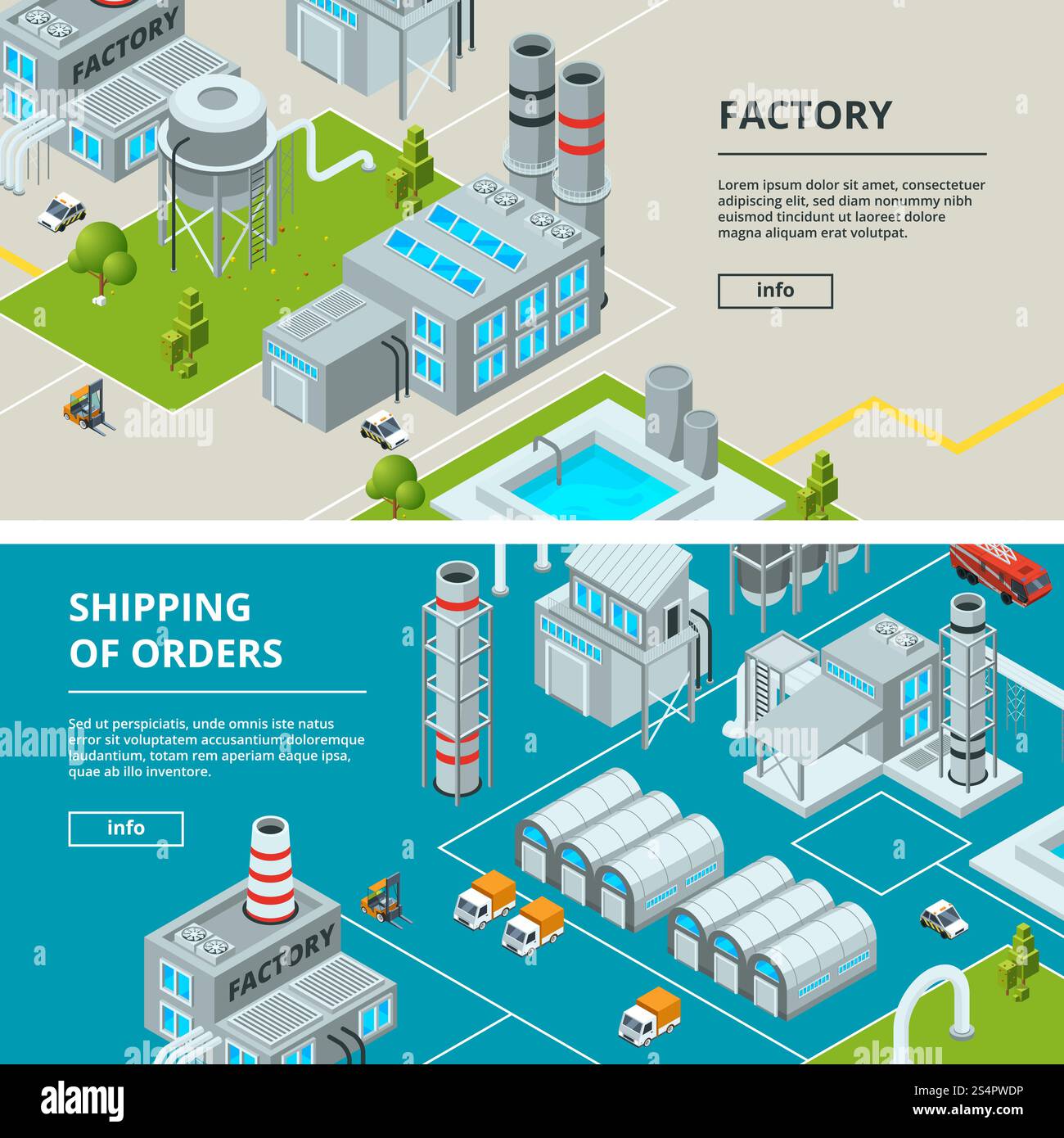 Horizontal banners with industrial buildings. Isometric factory ...