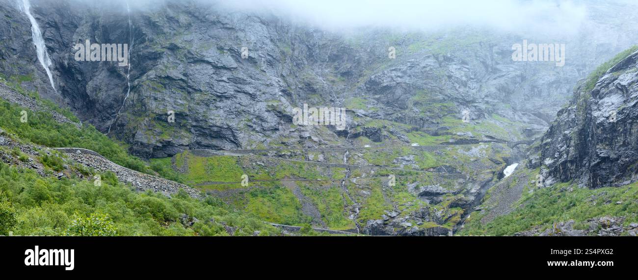 Summer mountain cloudy view with waterfall on Trollstigen (The troll ...