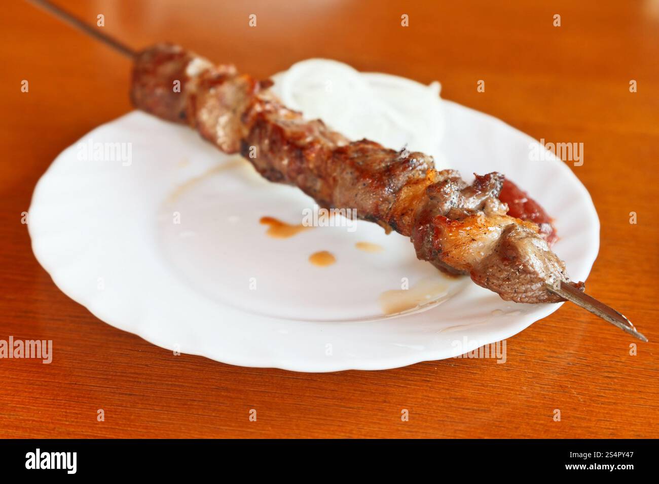 Crimean tatar cuisine - one skewer of lamb shishkebab on white plate ...