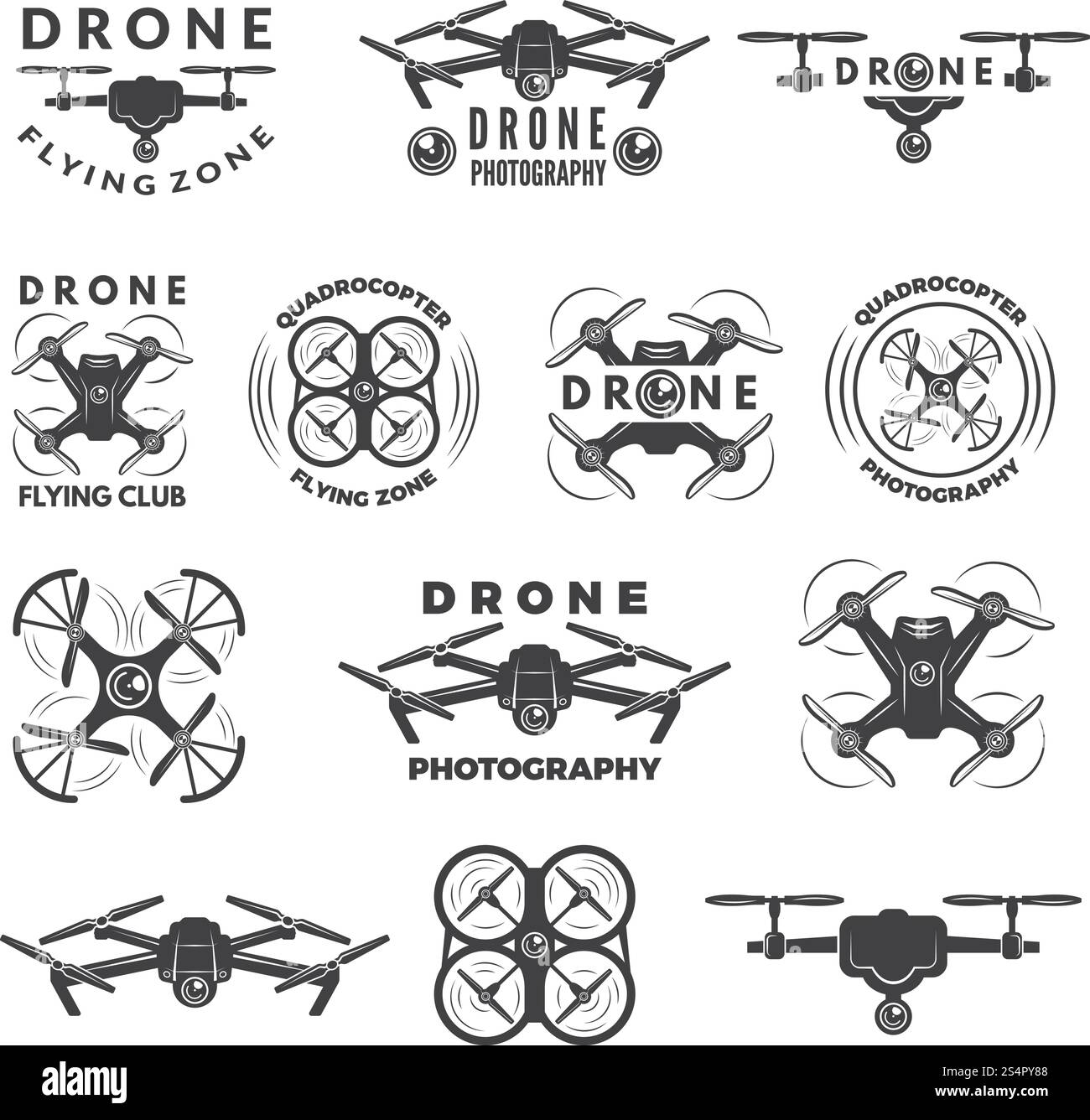 Set labels with different illustrations of drones. Quadrocopter ...