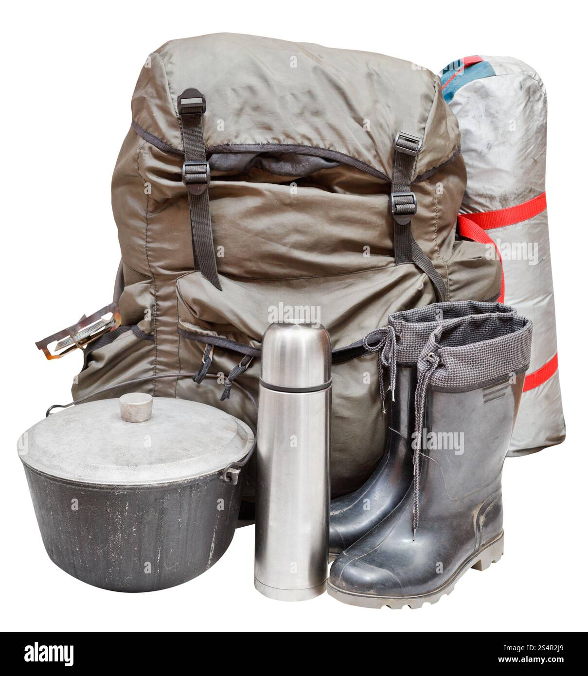 set of camping equipment with backpack, tent, pot, rubber boots ...
