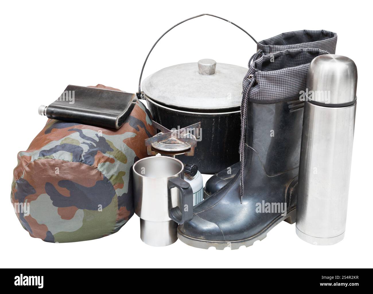 set of tourism equipment with rubber boots, pot, thermos, flask, can ...