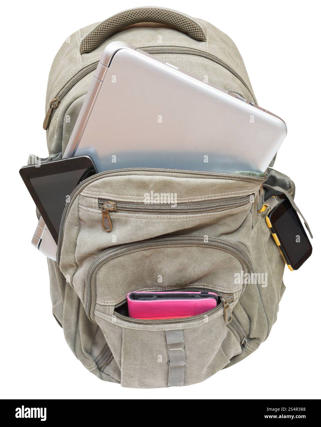 tourist backpack with mobile devices isolated on white background Stock ...