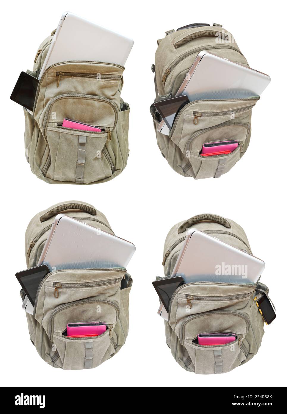 set of backpacks with mobile devices isolated on white background Stock ...