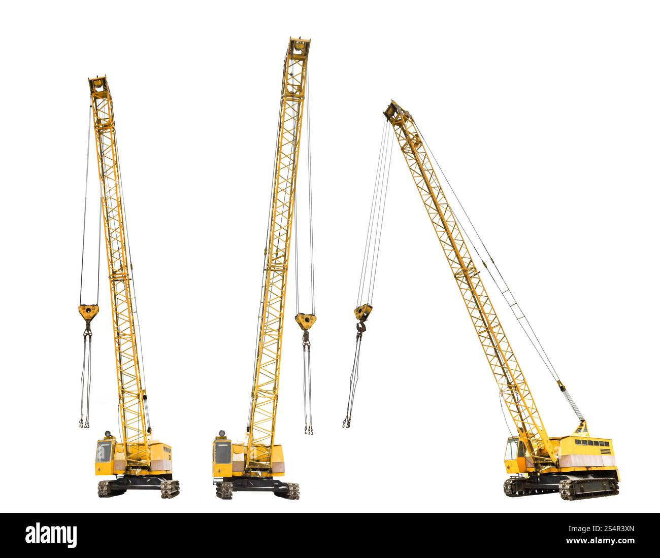 set of construction yellow crawler cranes isolated on white background ...