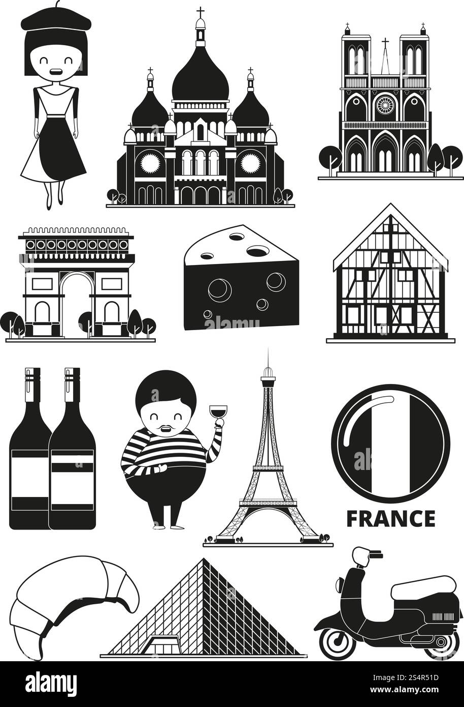 Monochrome illustrations of french landmarks. Vector pictures in ...
