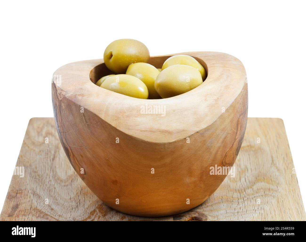 green olives in wooden bowl on board isolated on white background Stock ...