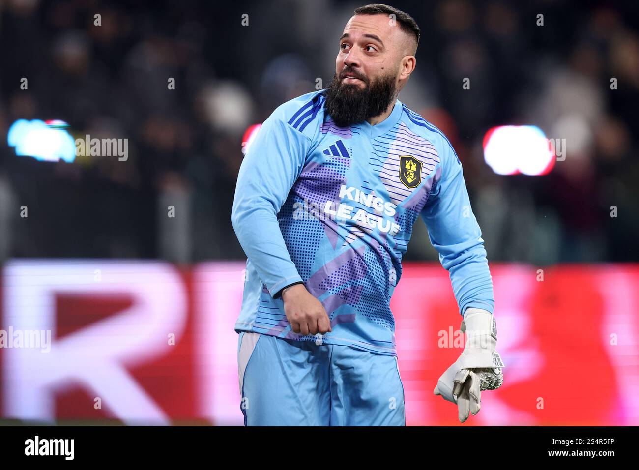 Er Faina pseudonym of Damiano Coccia looks on during the Kings League ...