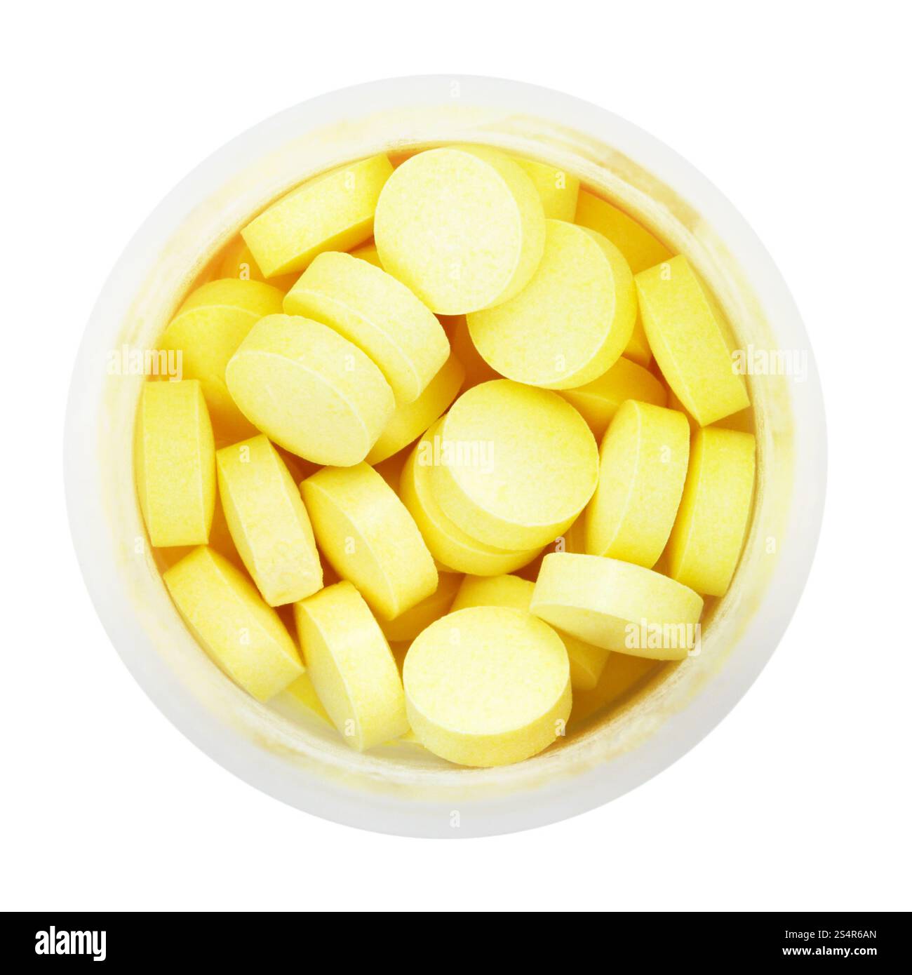 top view of yellow pills in round plastic bottle isolated on white ...