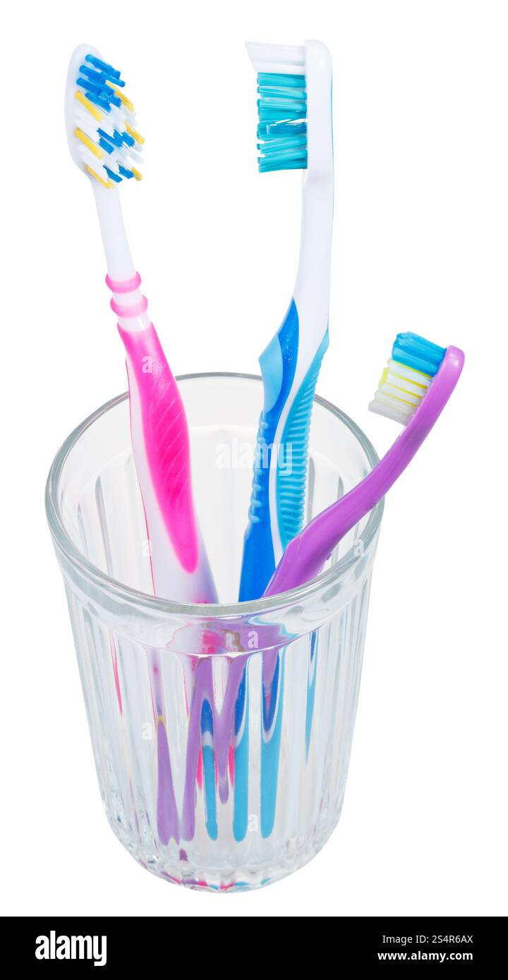 three tooth brushes in glass - family set of toothbrushes isolated on ...