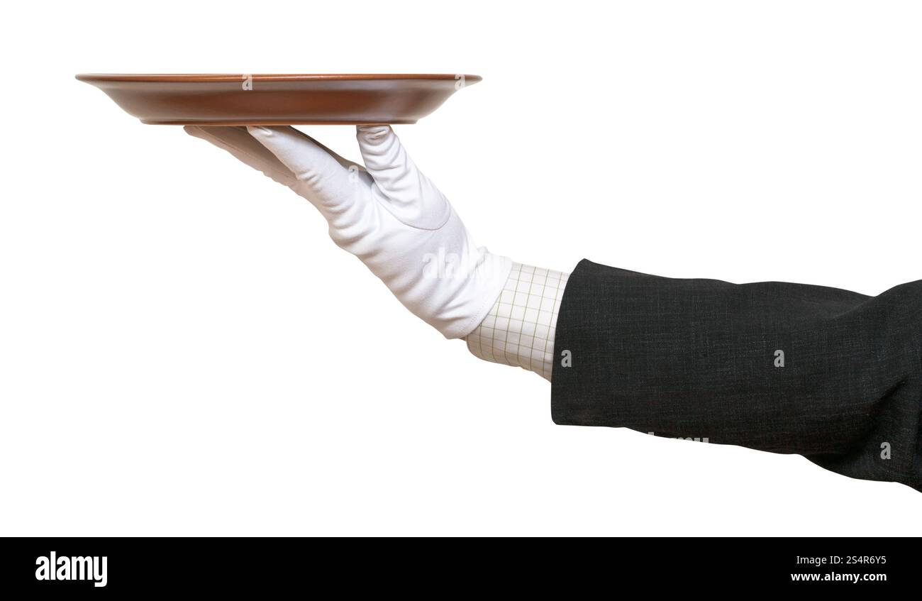 side view of arm in white glove with empty flat brown plate isolated on ...