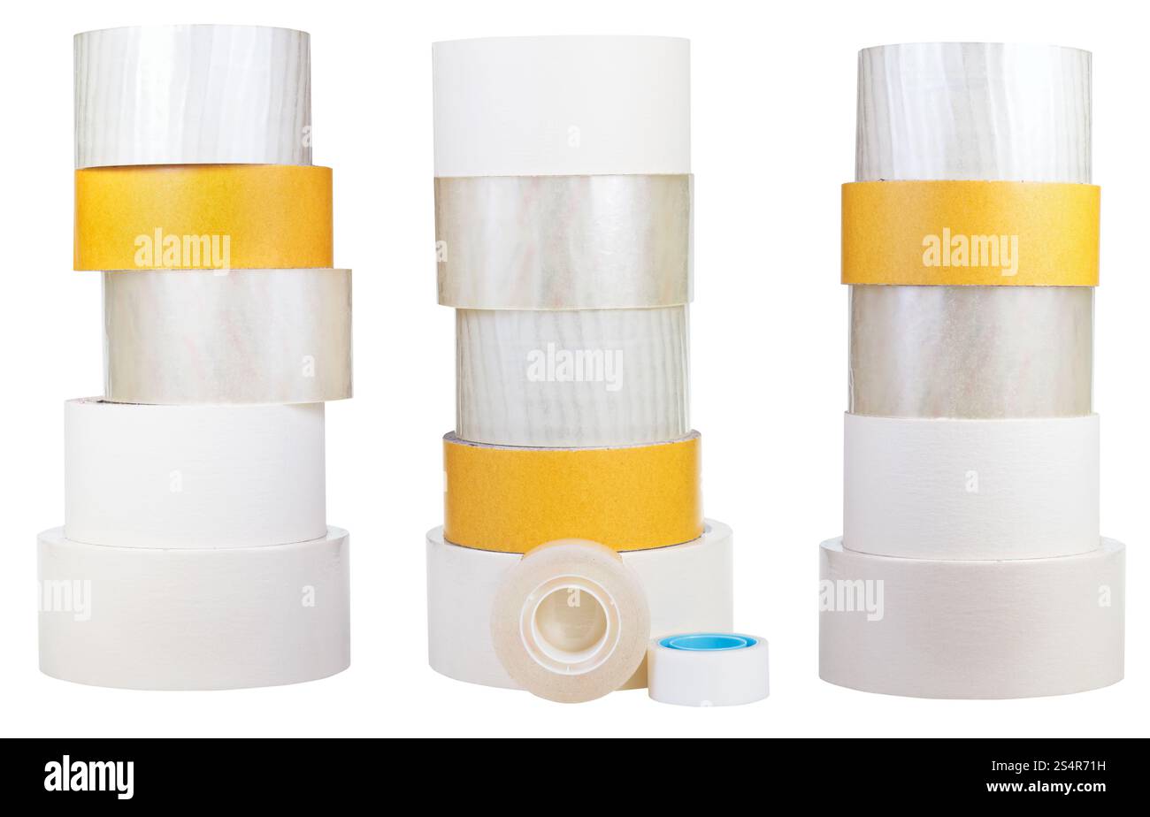 set of stacks of adhesive tape rolls isolated on white background Stock ...