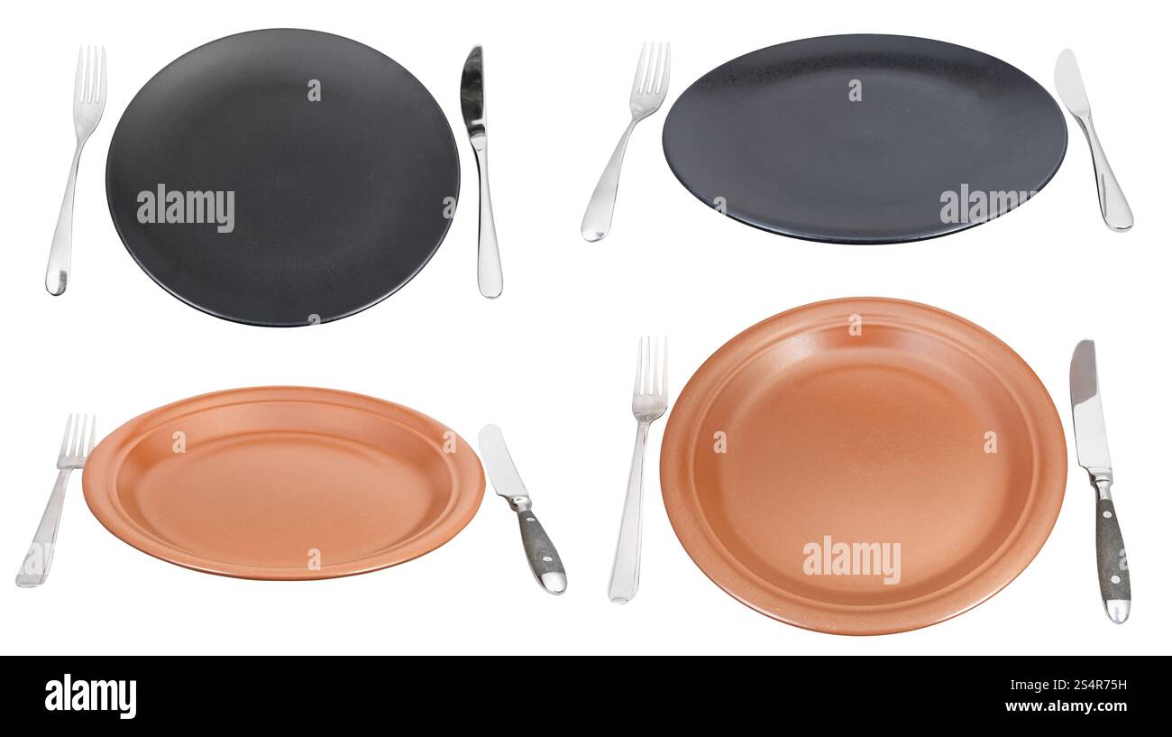 set of empty dinner plates with forks and knifes isolated on white ...