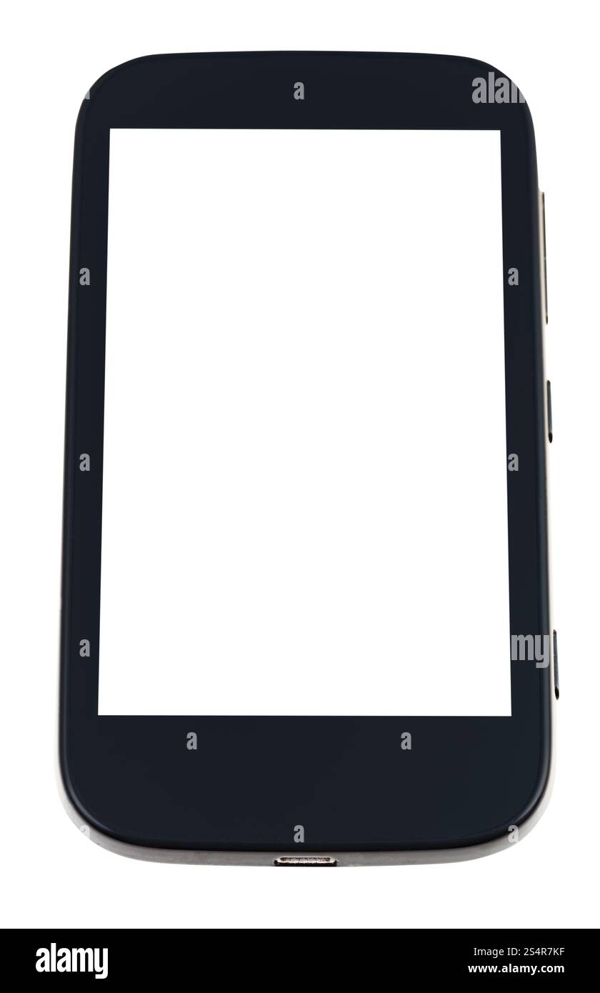 black smart phone with cut out screen isolated on white background ...